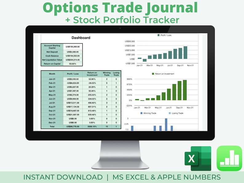 Options Trading Journal + Stocks Portfolio Tracker (excel & Numbers ...