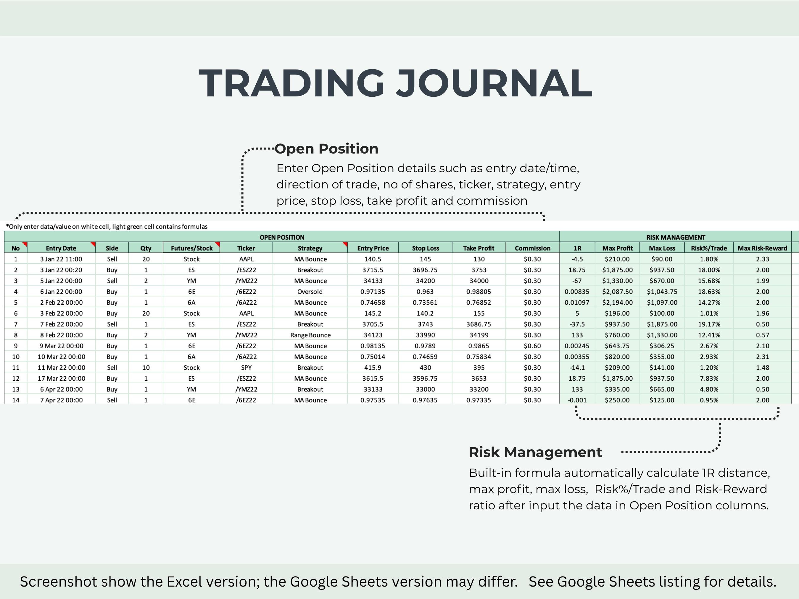 Stock & Futures Trading Journal | Excel + Google Sheets | Trade Tracker ...