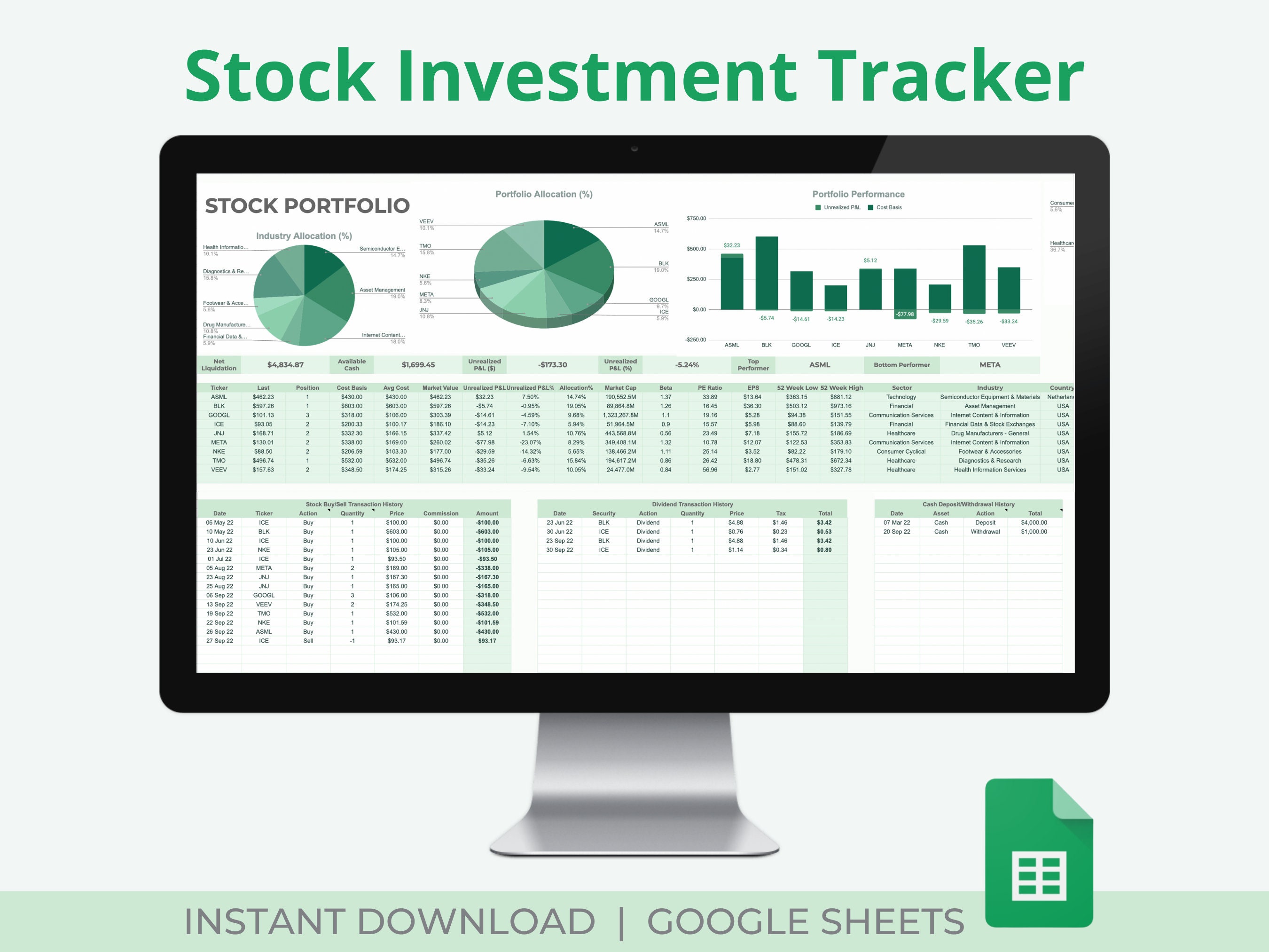 Stock Investment Portfolio Tracker | Google Sheets - Etsy