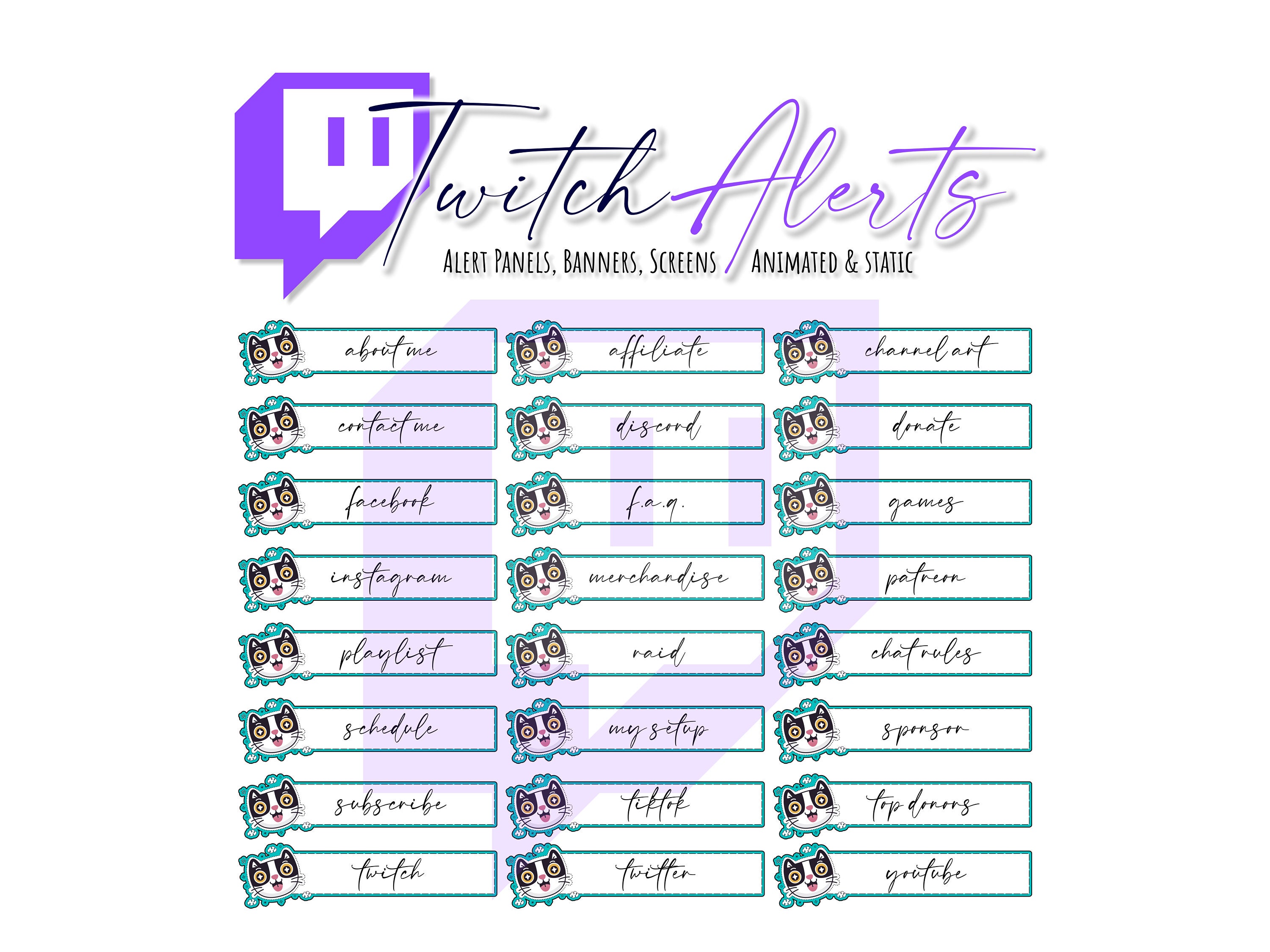 Twitch Alert Panels 24 Panels With Cute Cat / Panels Have a Teal Trim ...