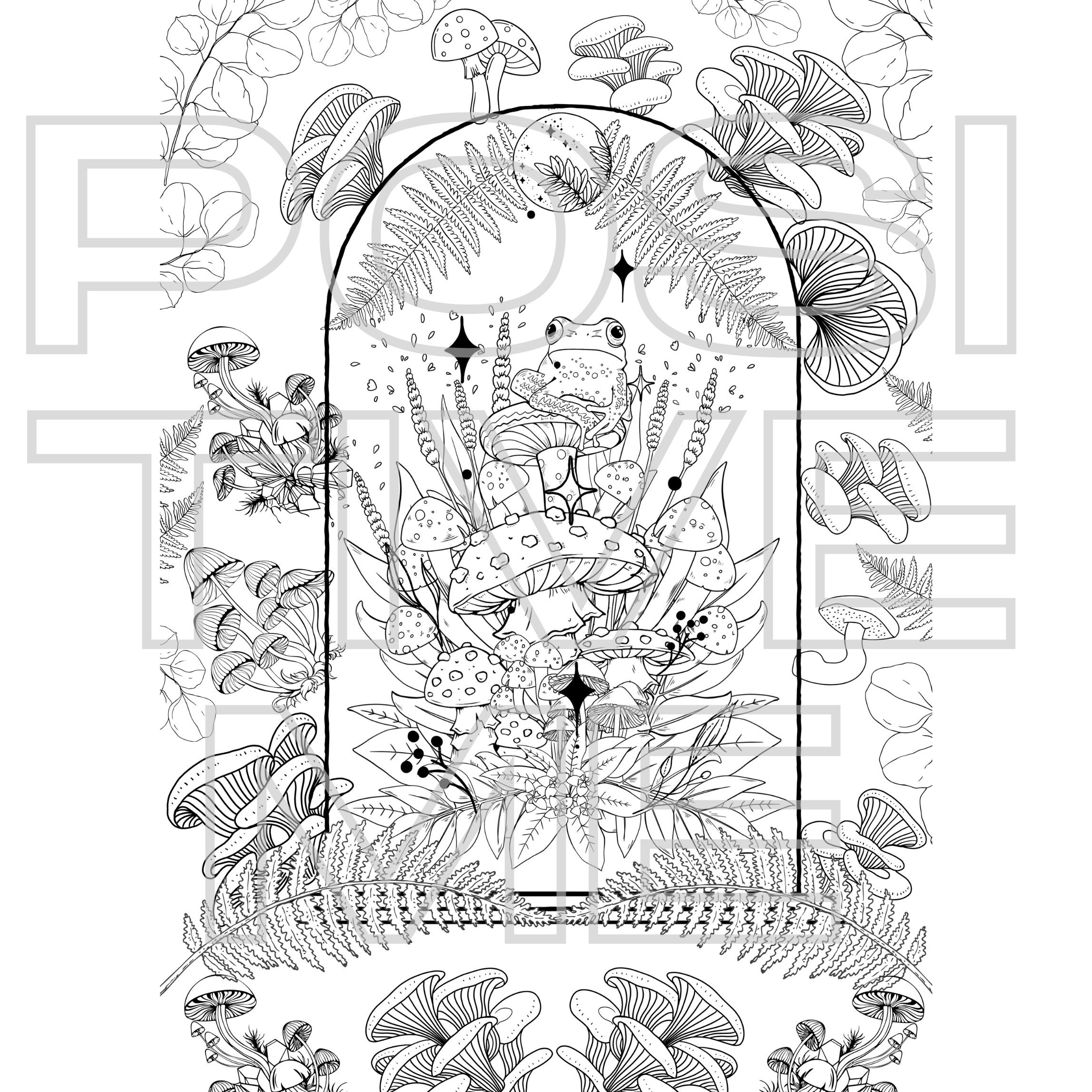 Frog and Mushrooms Coloring Page, Magic Mushrooms Coloring Page, Witchy ...