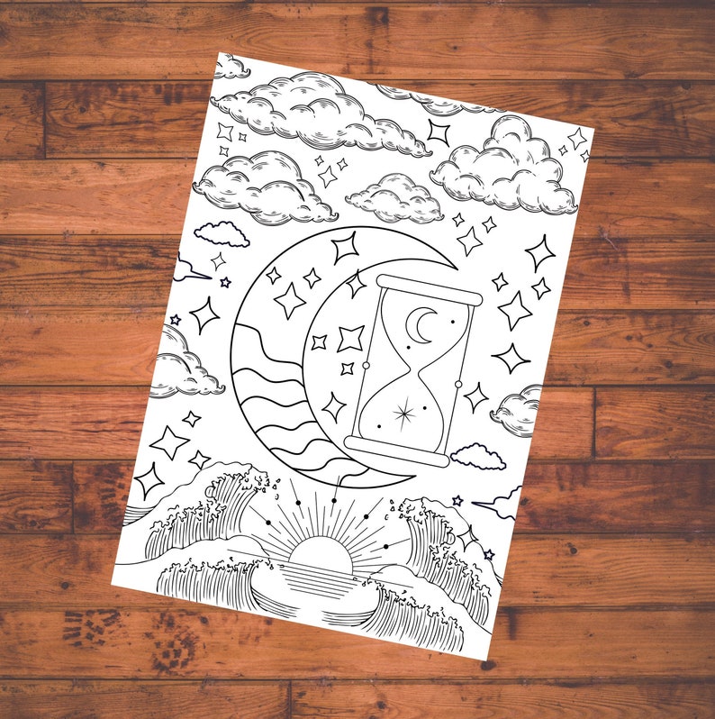 Magic Printable Coloring Page, Boho Moon and Stars Coloring Page ...