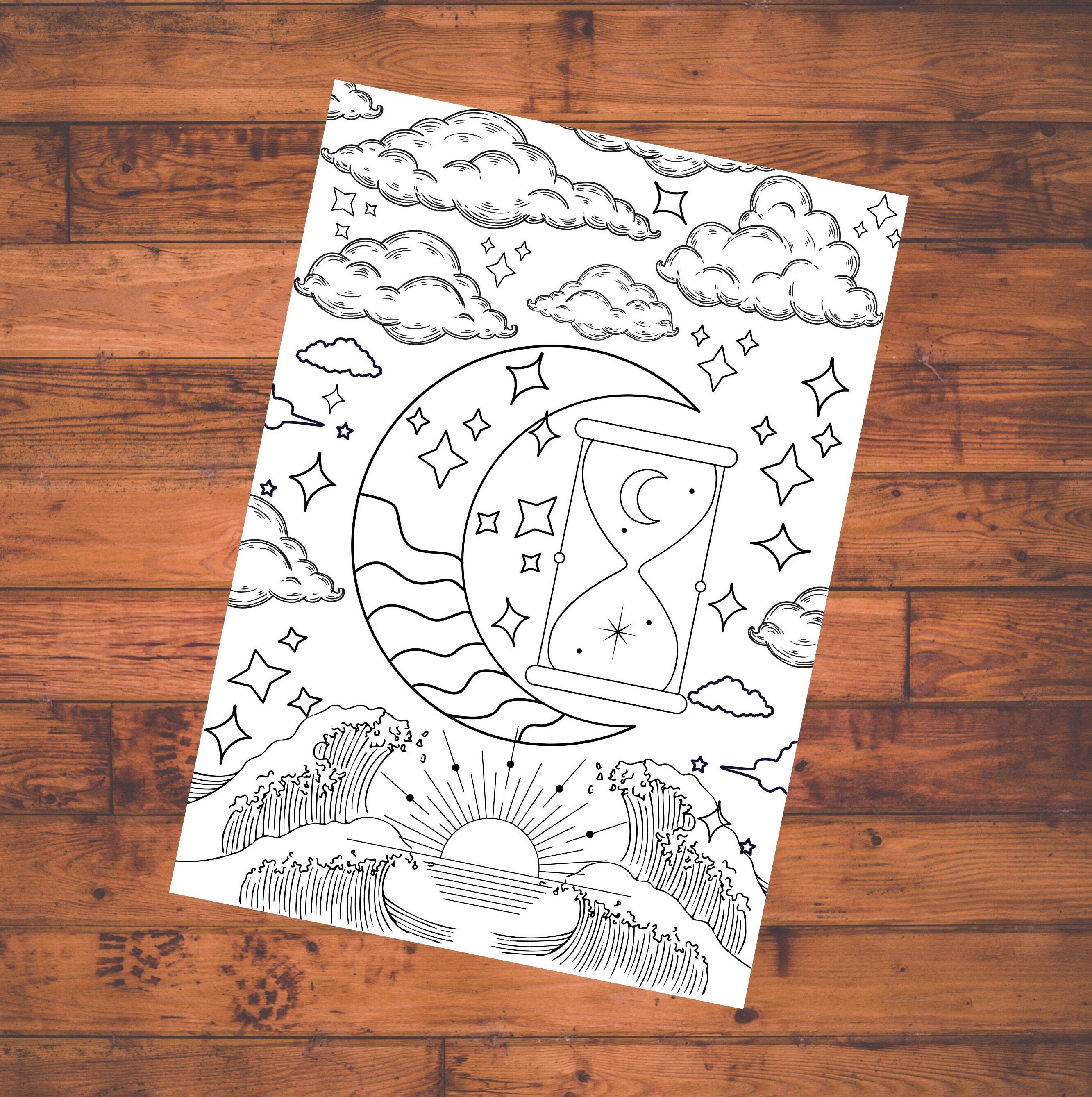Magic Printable Coloring Page, Boho Moon and Stars Coloring Page ...