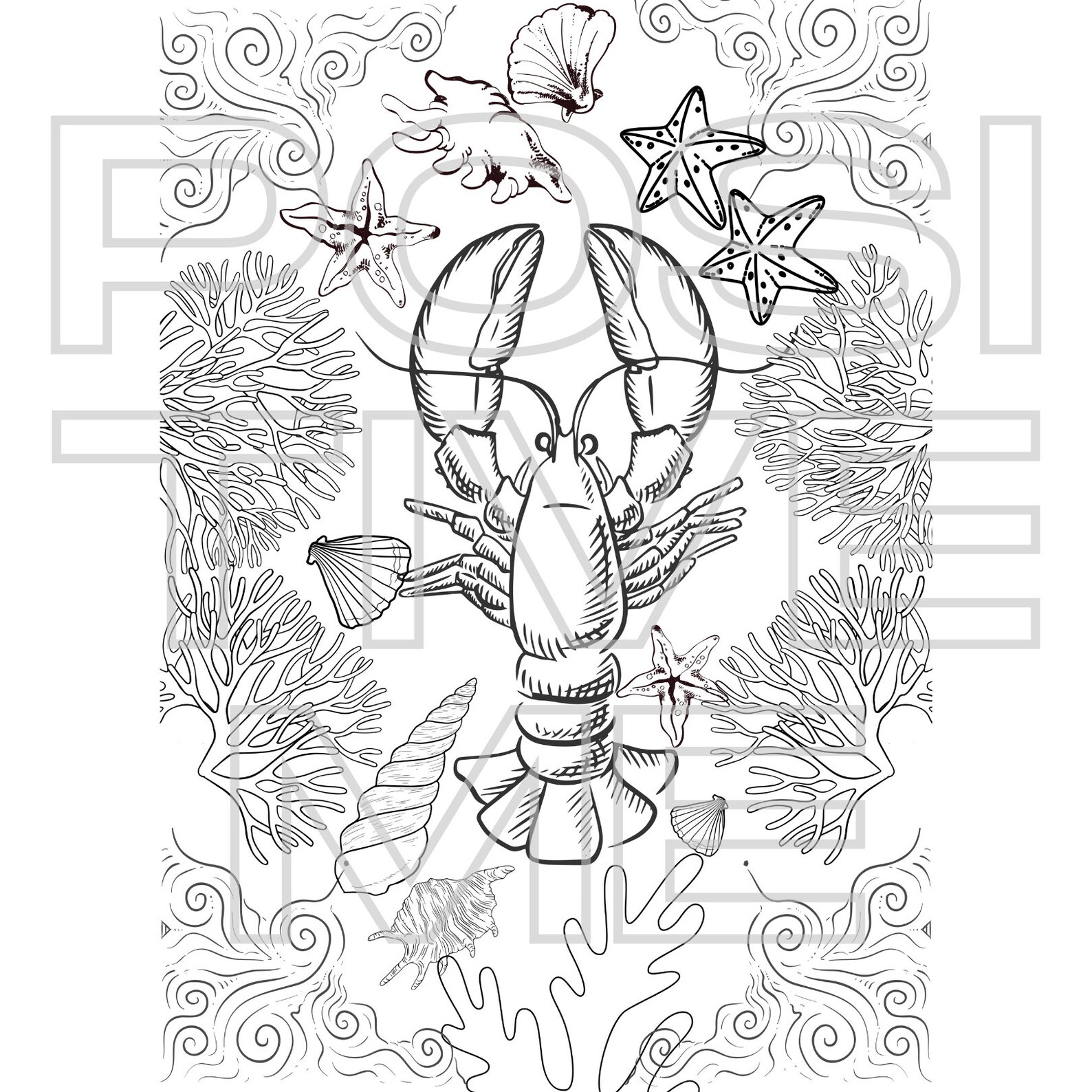Lobster Printable Coloring Page, Ocean Coloring Page, Sea Shells ...