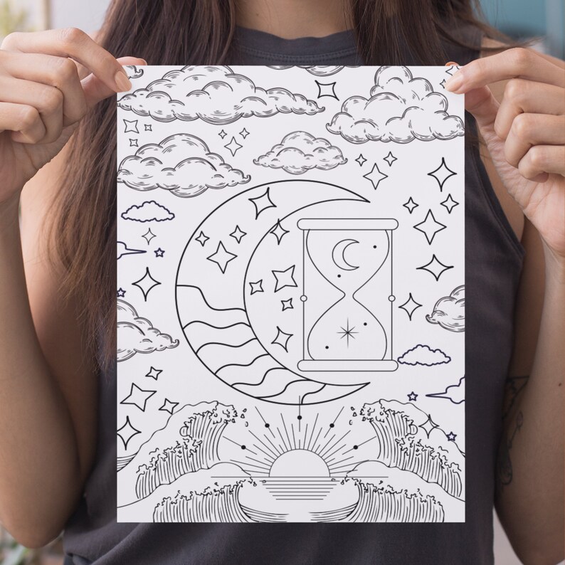 Magic Printable Coloring Page, Boho Moon and Stars Coloring Page ...