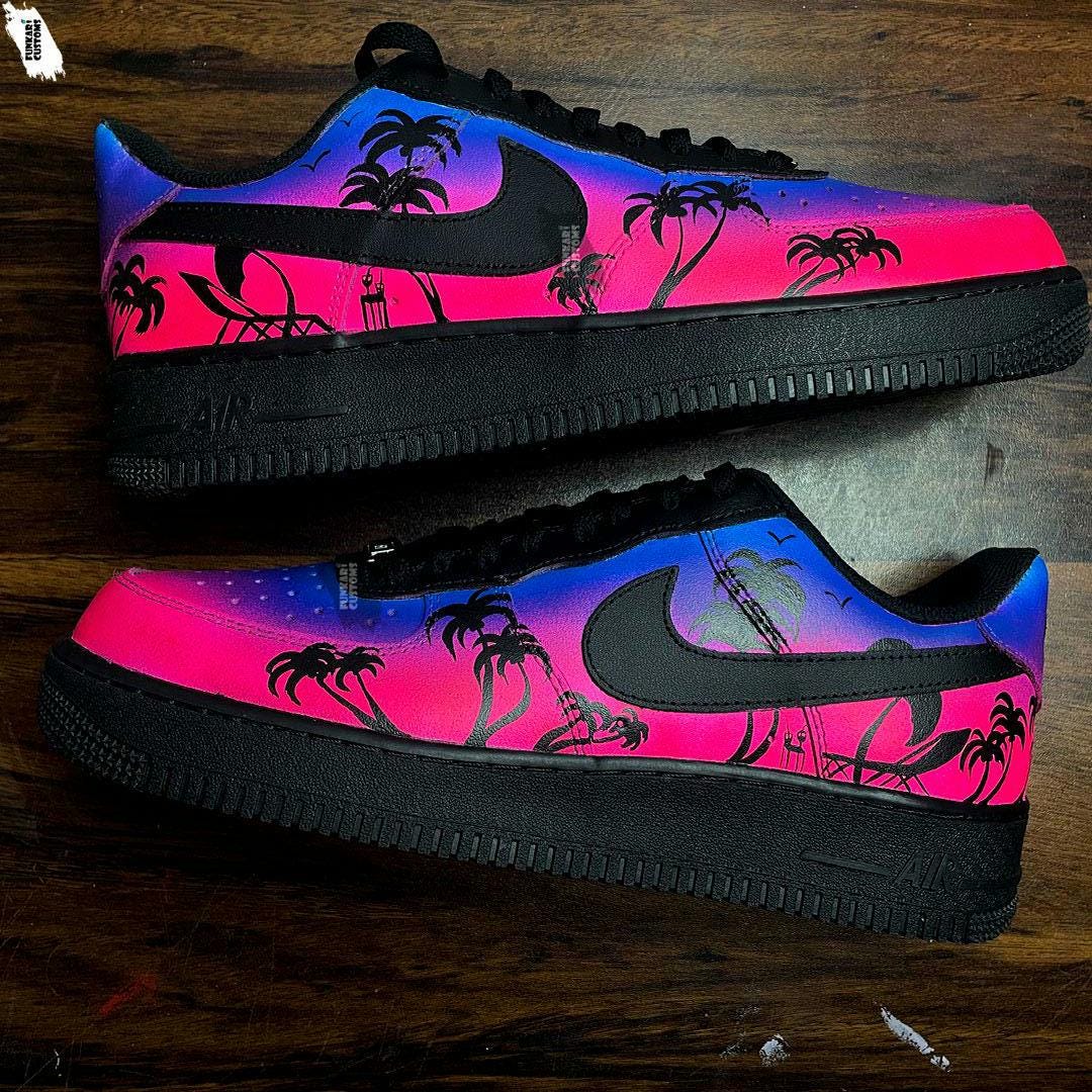 Nike Air Force 1 neon Beach Custom Sneaker Sunset With Palm Trees Color ...