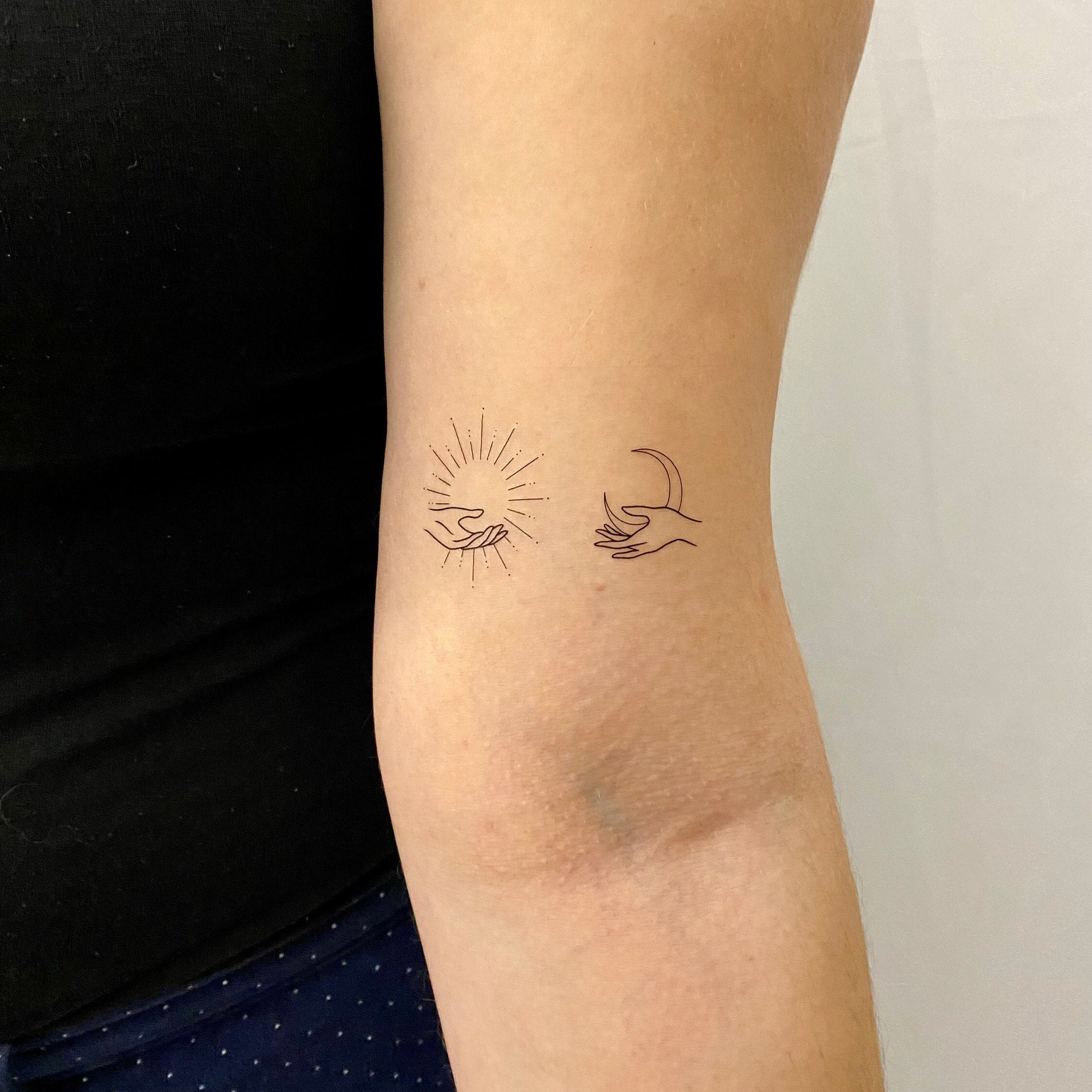 Fine Line Hand Sun and Moon Temporary Tattoo set of 2 - Etsy