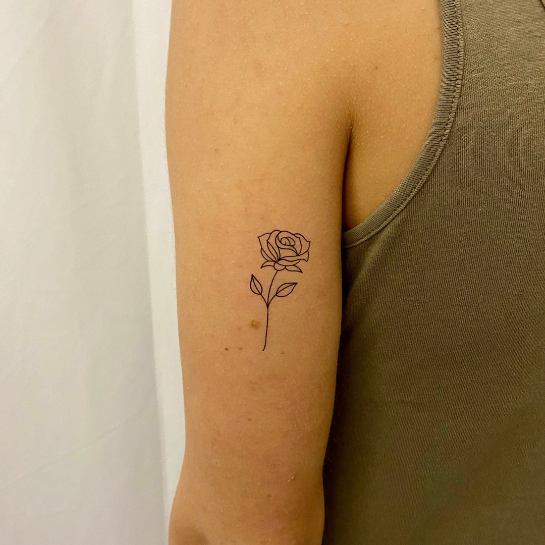 Fine Line Rose Temporary Tattoo (set of 2) / Minimalist Rose Fake ...