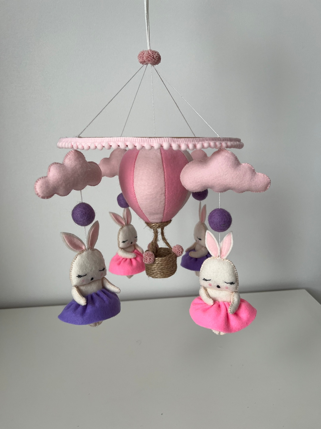 Adorable Pink Bunnies Baby Mobile With Air Ballon Nursery Decor ...