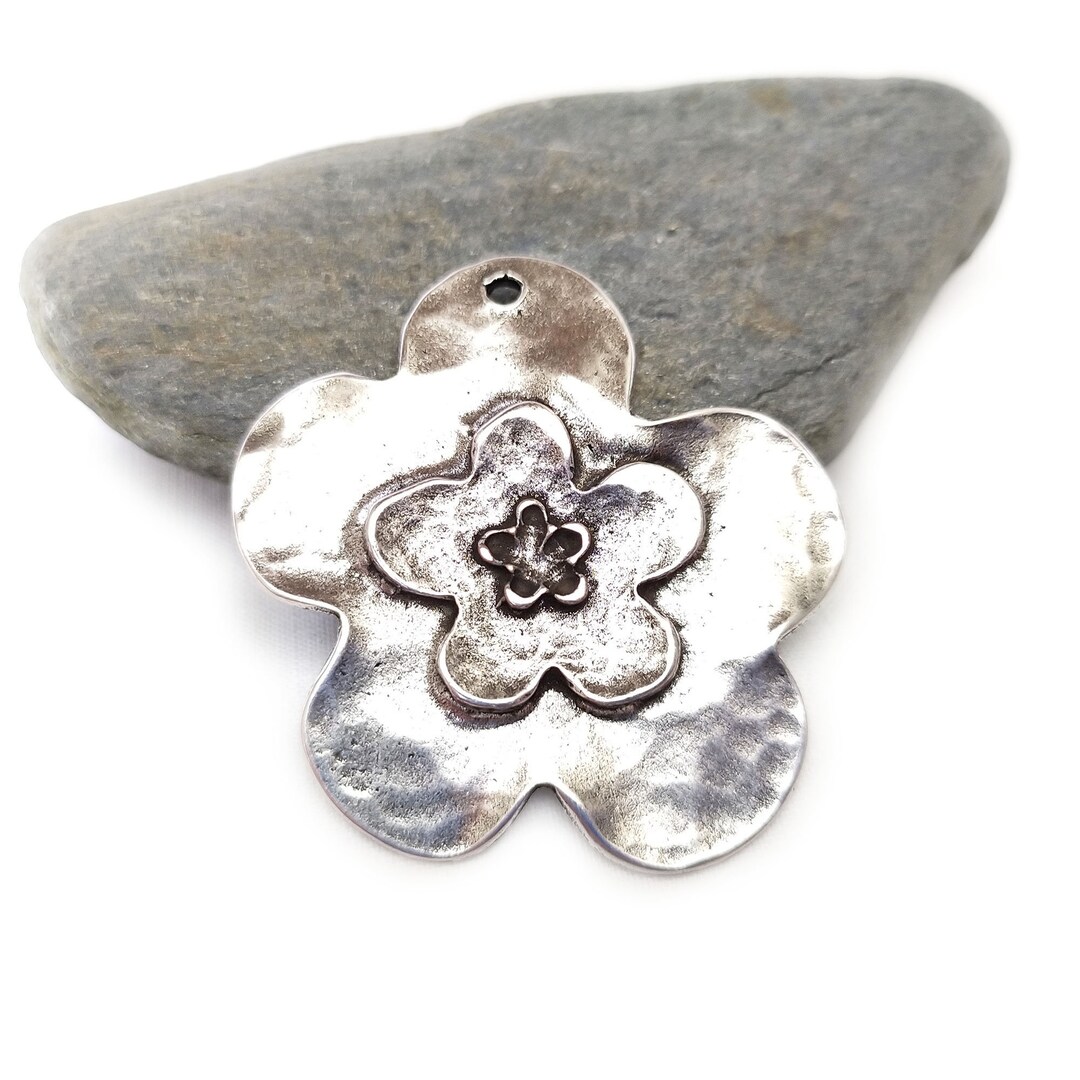 Large Flower Pendant for Jewelry Making, Antique Silver Flower Pendant ...