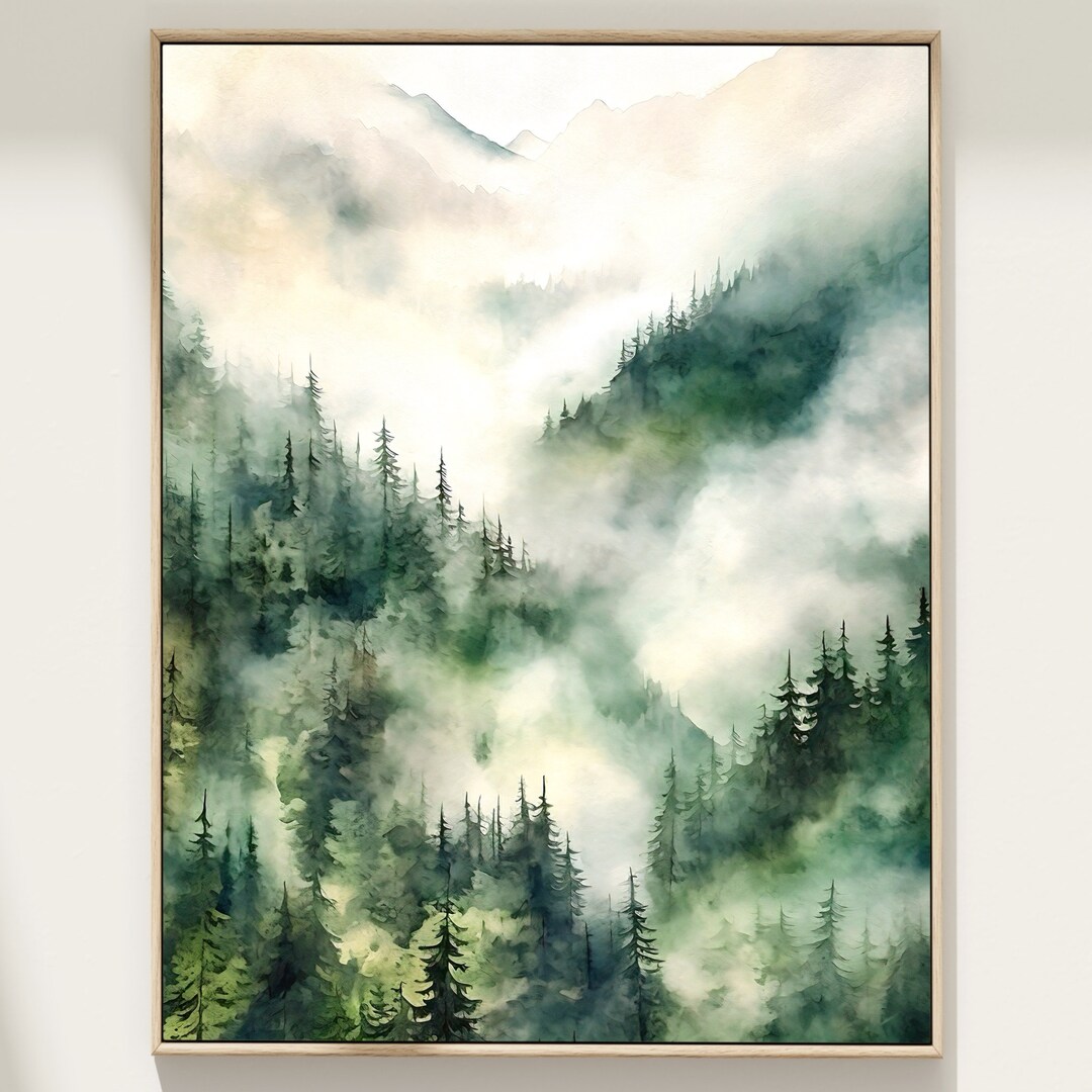 Alaska Misty Mountainside Watercolor Painting Art Print Mountain ...