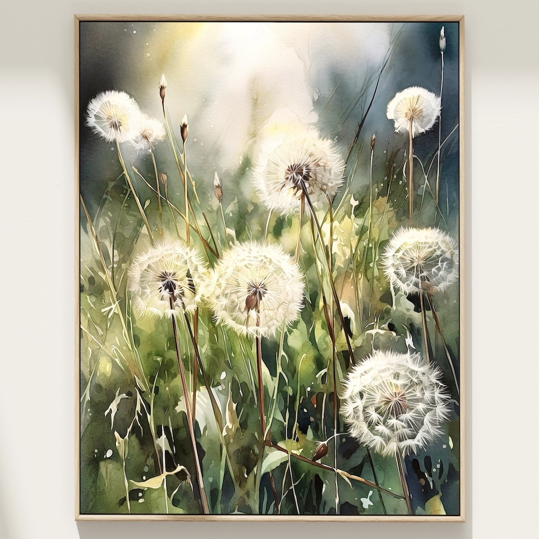 Dandelions Field Watercolor Painting Art Print, Spring Landscape Wall ...