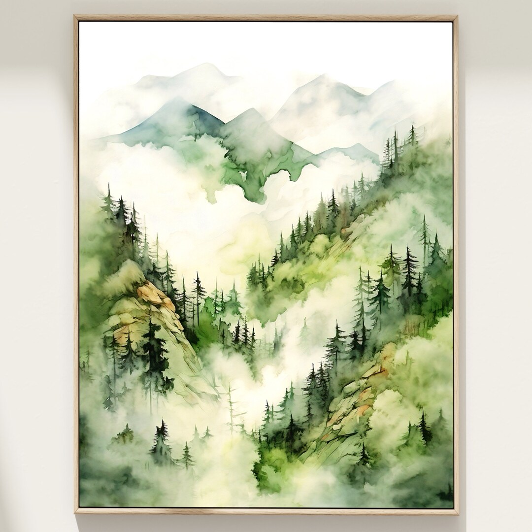 Alaska Misty Mountainside Watercolor Painting Art Print Mountain ...