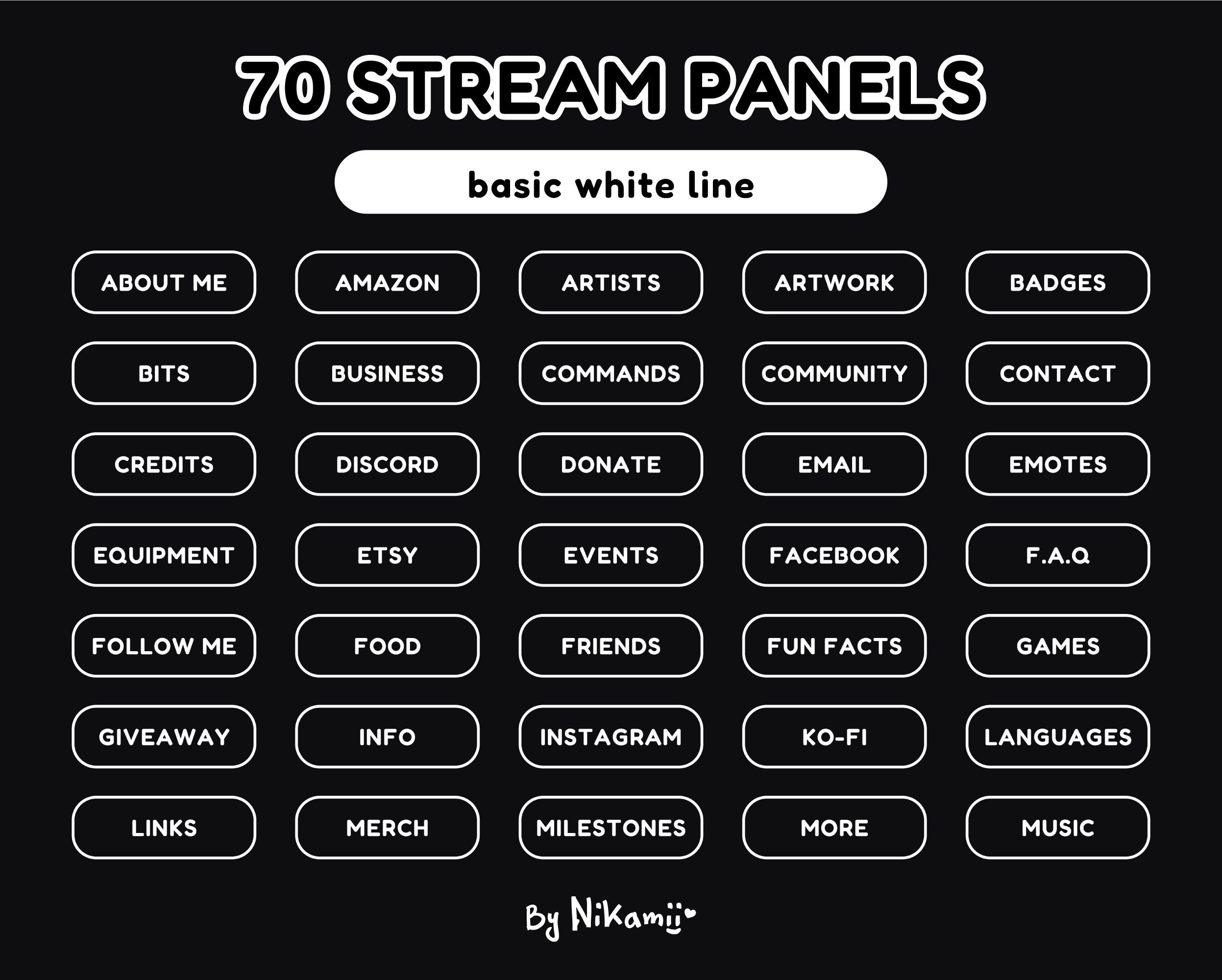Basic Panels for Twitch, Kick / 70 Simple White Text Panels, Black ...