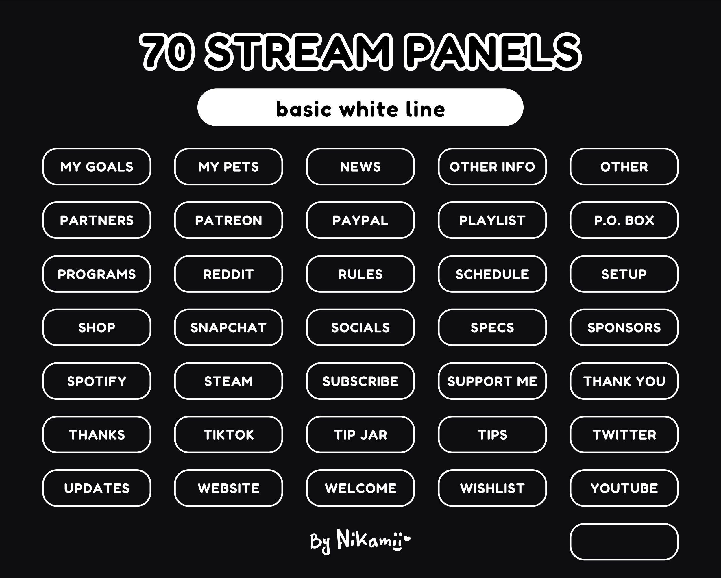 Basic Panels for Twitch, Kick / 70 Simple White Text Panels, Black ...