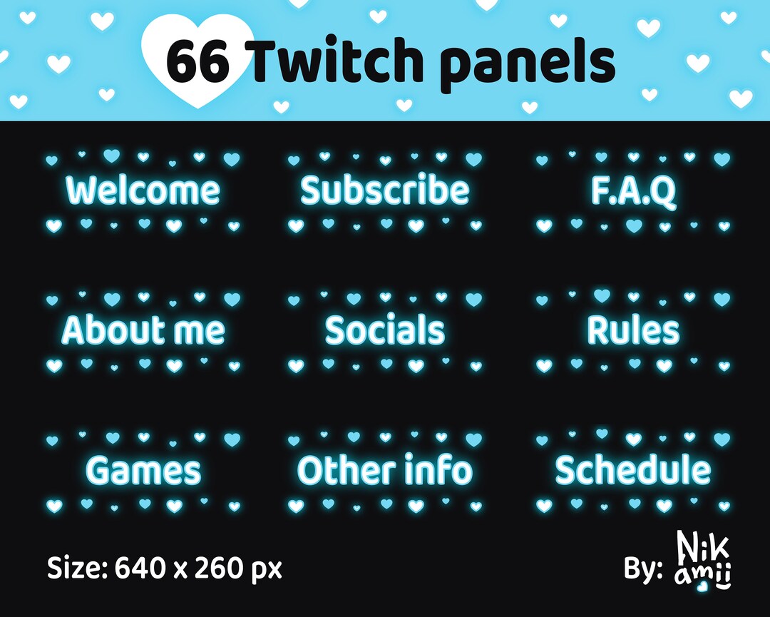 66 Twitch Panels / Neon Light Blue and White Panels With Hearts for ...