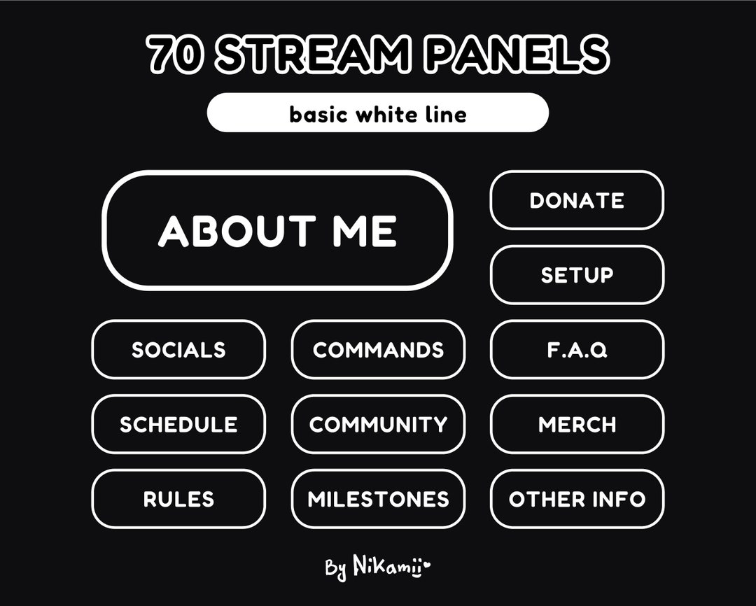 Basic Panels for Twitch, Kick / 70 Simple White Text Panels, Black ...