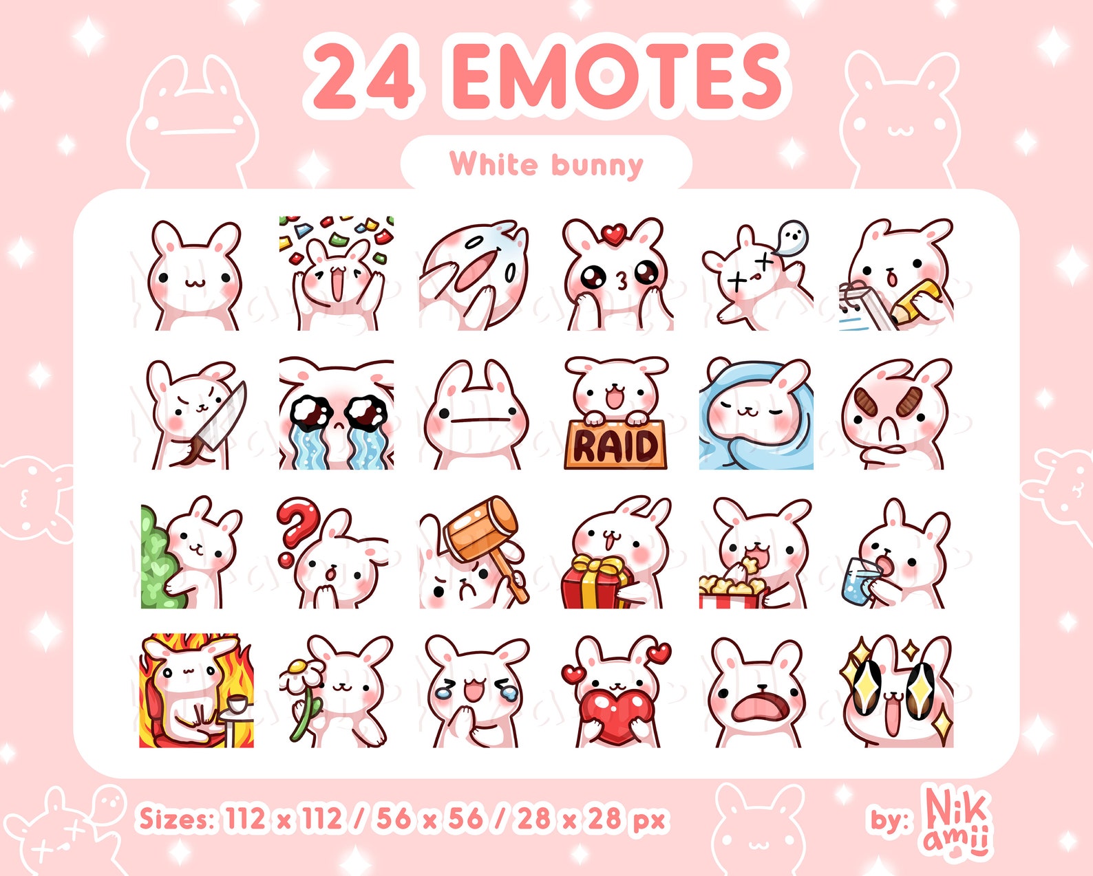 Bunny Emote Set / 24 Cute White Bunny Rabbit Emotes for Stream / Twitch ...