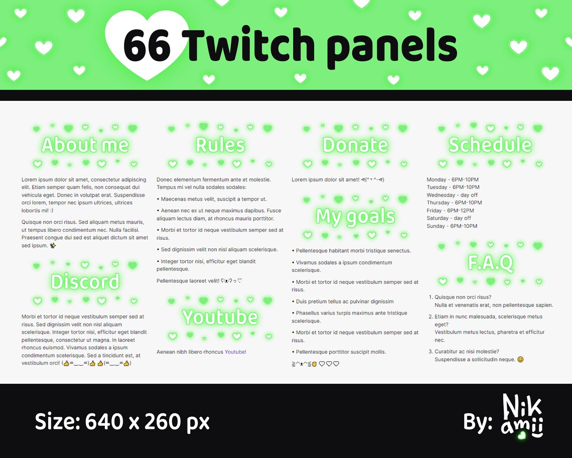 66 Twitch Panels / Neon Green and White Panels With Hearts for Twitch ...
