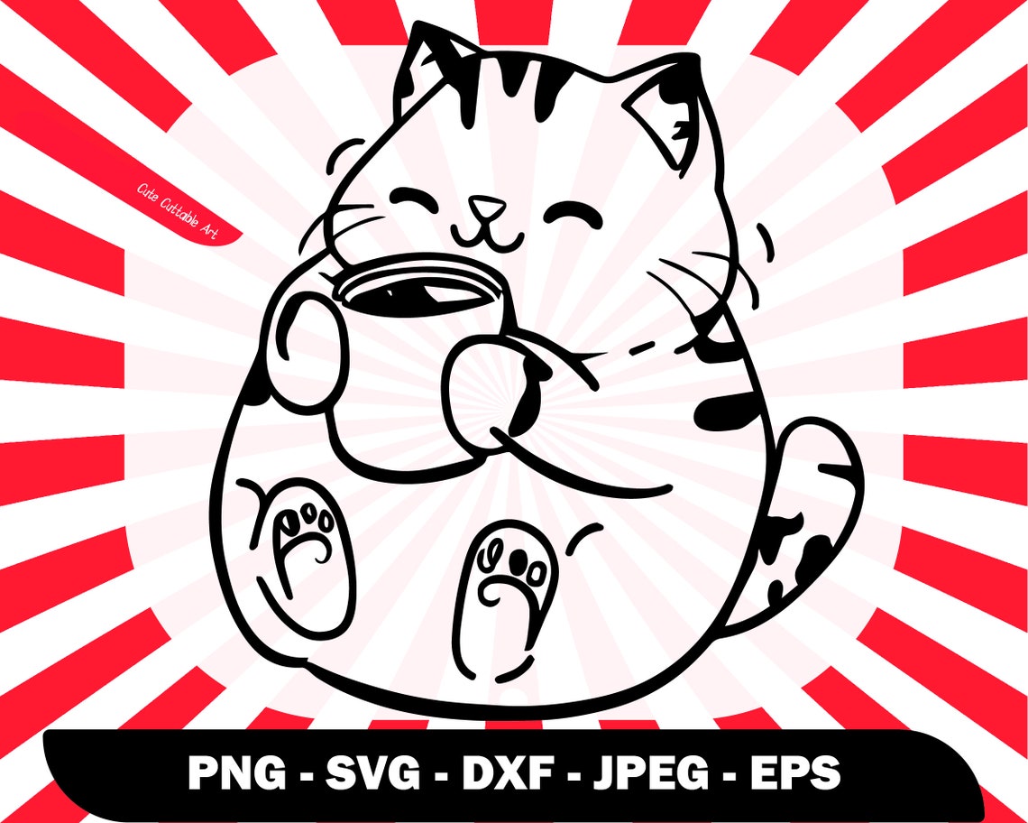 Cat Drinking Coffee Svg, Fat Cat Svg, Cute Cat Coffee Mug Clipart ...