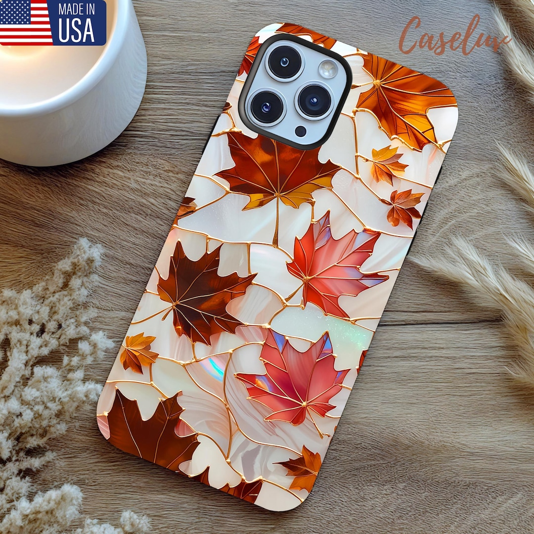 Maple Fall Leaves Aesthetic Stained Glass Phone Case for iPhone 16, 15 ...