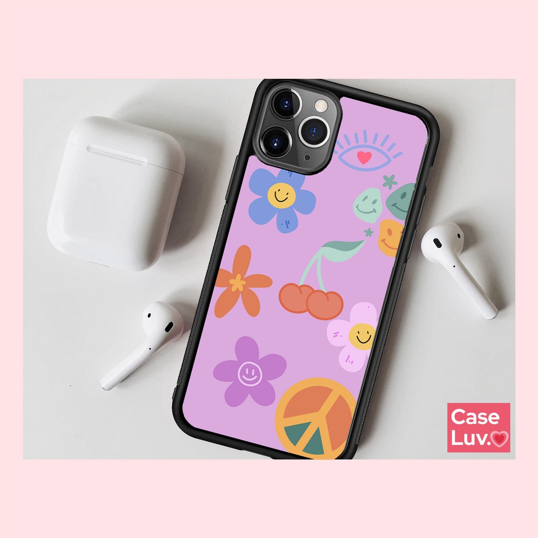 Retro Peace and Cherry Doodles Phone Case for Her 70's Floral Design ...