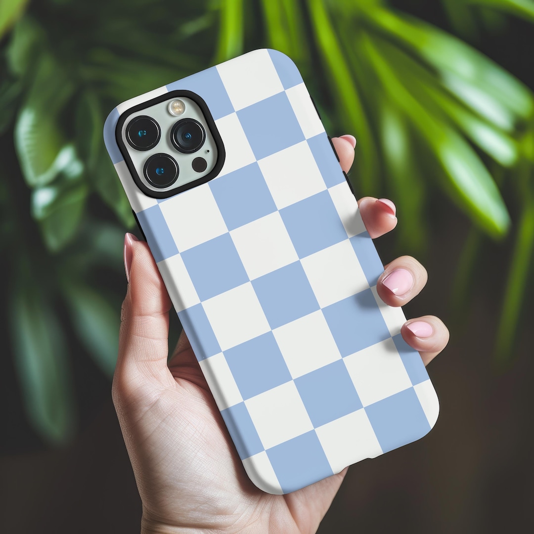 Checkered Phone Case for Magsafe iPhone 16 Pro Max iPhone 15 iPhone 14 Light Blue Checkerboard ...