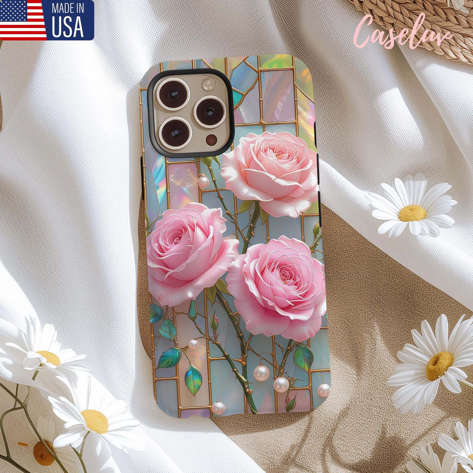 Stained Glass Pink Roses Magsafe Phone Case: Romantic Floral iPhone ...