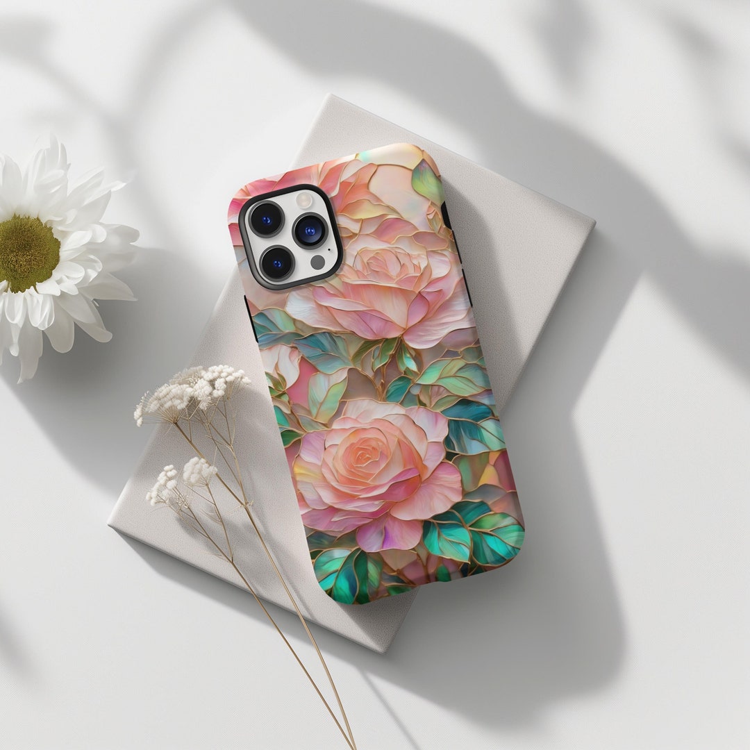 Aesthetic Stained Glass Pink Rose Phone Case for iPhone 16 iPhone 15 ...