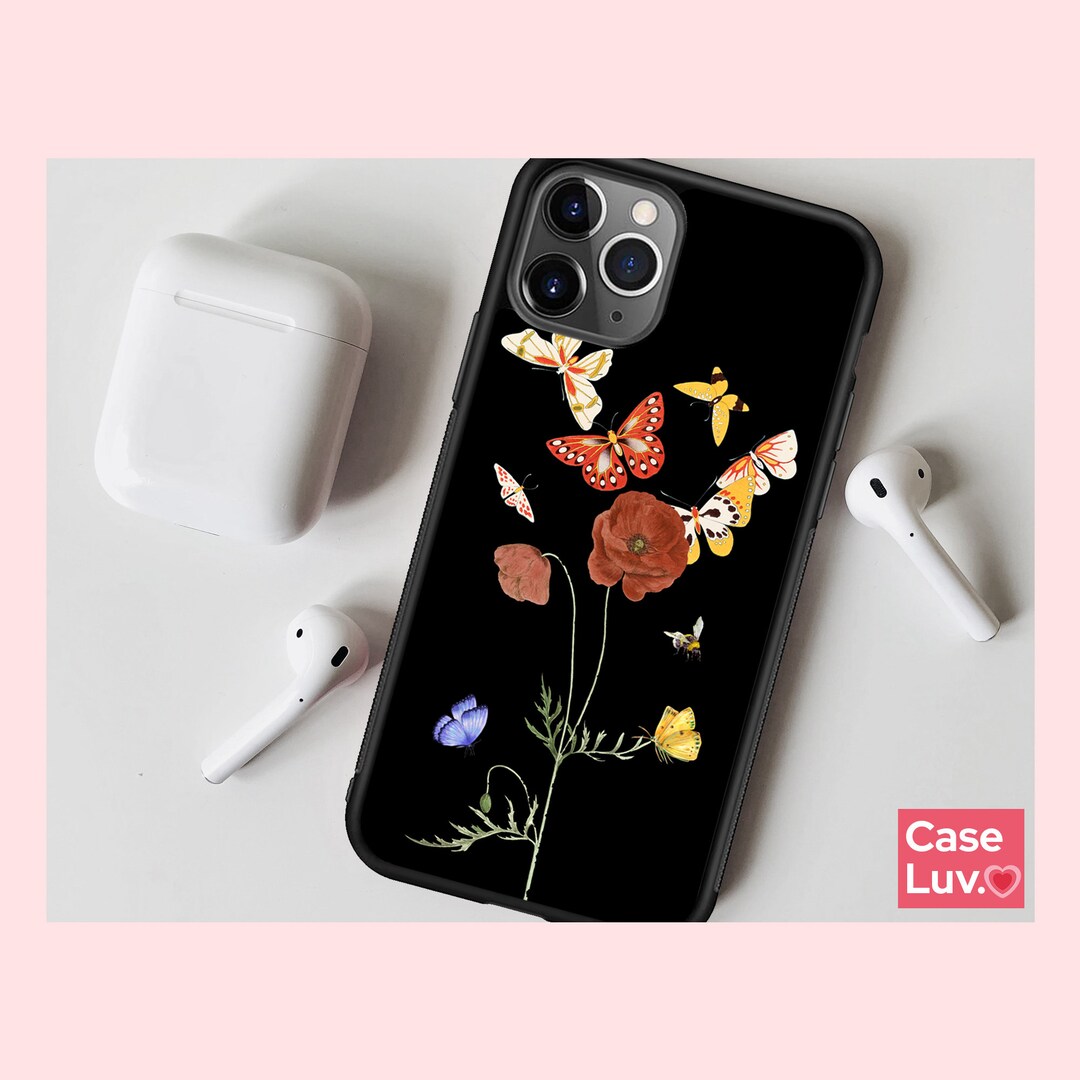 Aesthetic Poppy Flower and Butterfly Black Phone Case for Her iPhone 14 ...