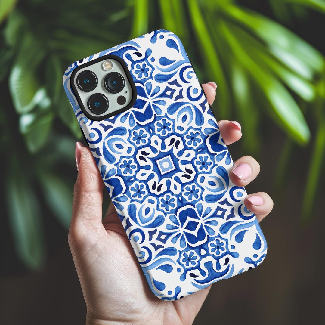 Magsafe Blue Mediterranean Aesthetic Phone Case, Blue Tile Phone Case ...