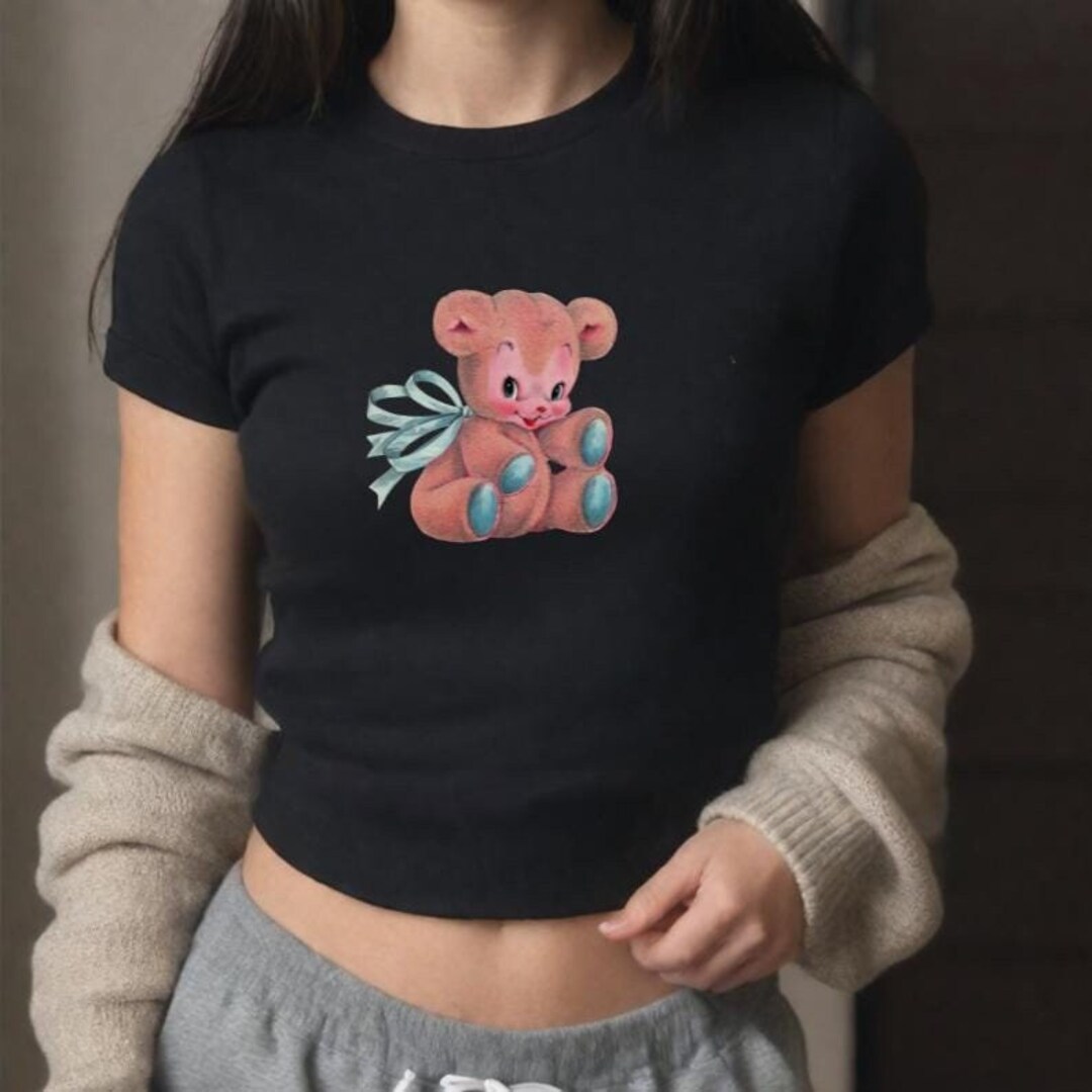Retro Cute Bear Doll Baby Tee for Her Gift, Teddy Bear Baby Tee for Her ...