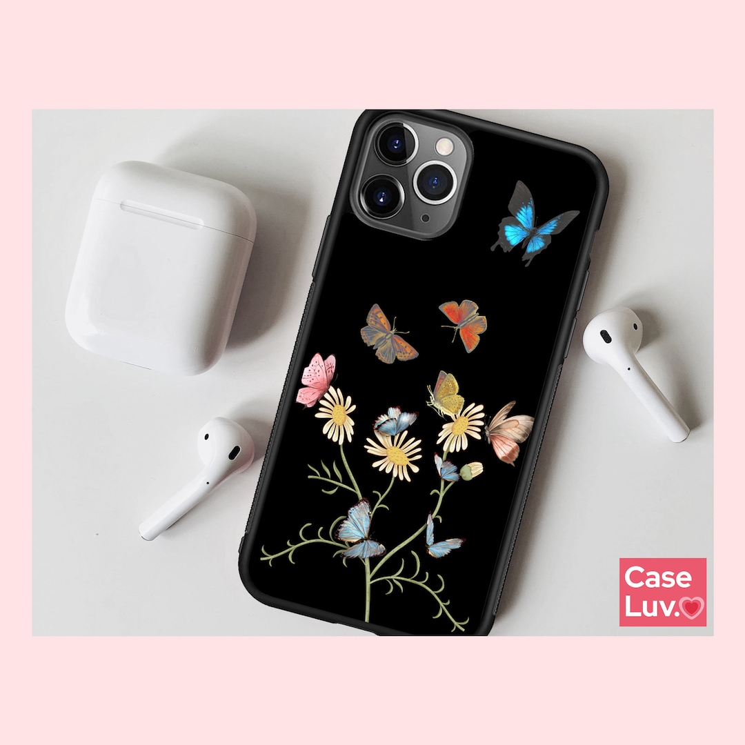 Aesthetic Daisy Flower and Butterfly Black Phone Case for Her iPhone 14 ...