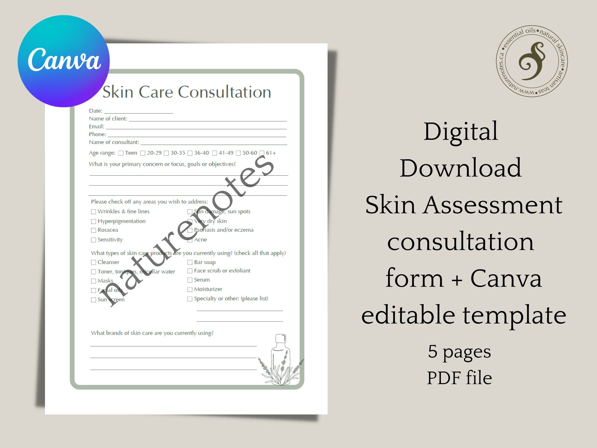 Skin Assessment Consultation Form DIY Fillable PDF Editable Canva ...