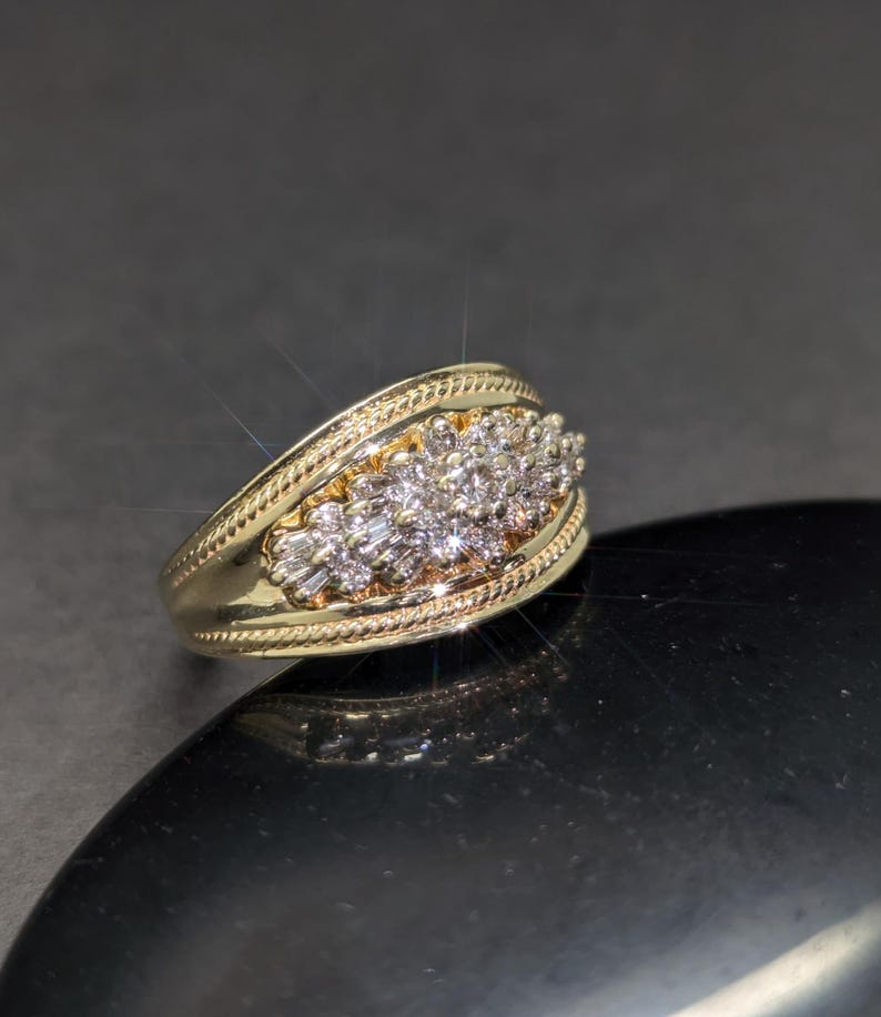 14K Yellow Gold Cluster Pave Ring - 0.42ct Natural Round & Baguette ...