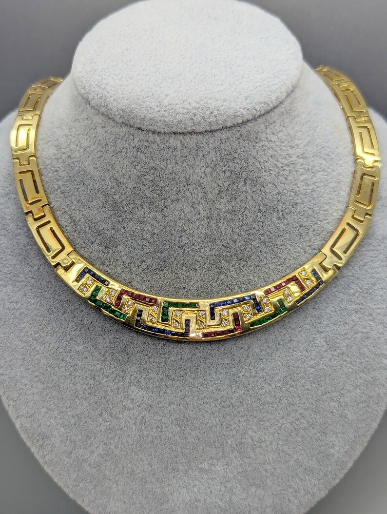 Vintage Solid 18K Gold Greek Key Necklace 2.85ct Natural Sapphires ...