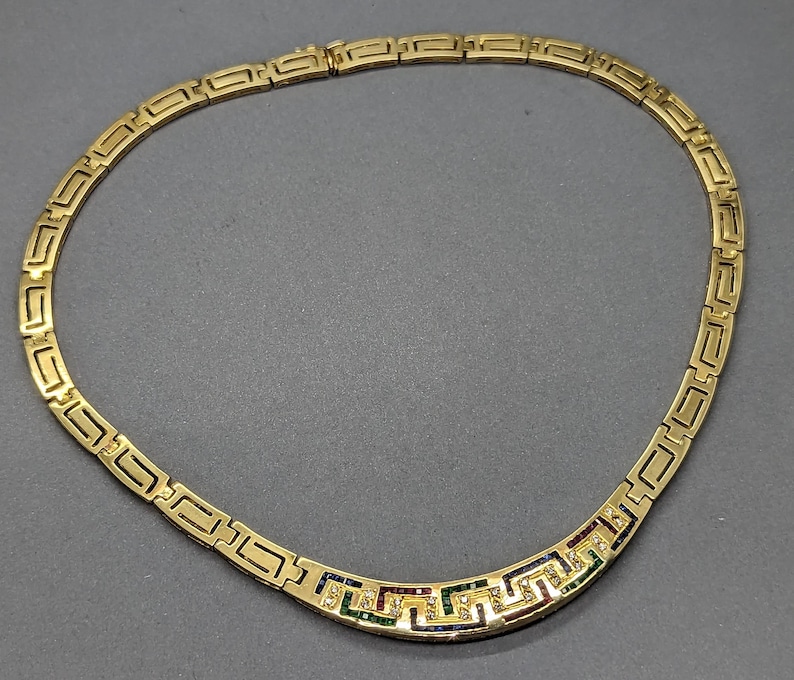 Vintage Solid 18K Gold Greek Key Necklace - 2.85ct Natural Sapphires ...