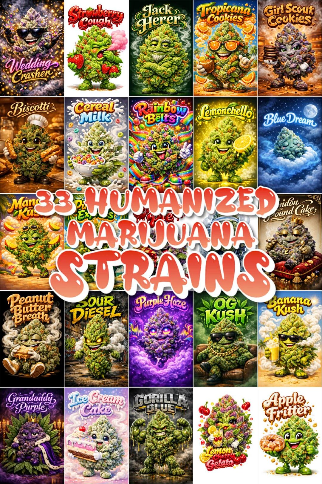 33 Humanized Marijuana Strains PNG Bundle - Etsy