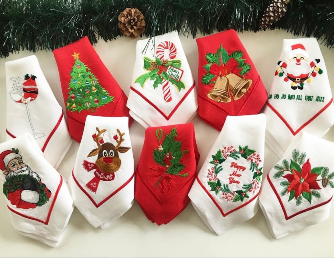 Christmas Embroidered Linen Napkin, Holiday Cloth Serviette (45x45 Cm ...