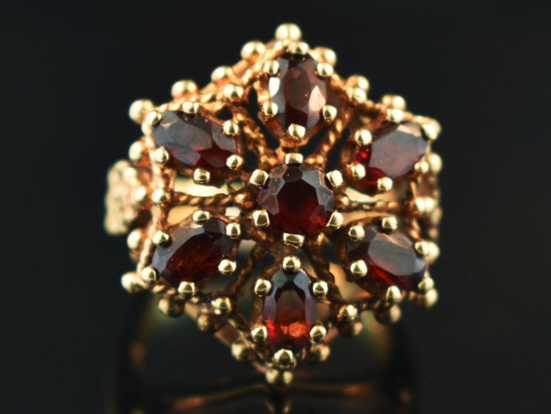 Vintage Garnet Cluster Cocktail Ring, 10K Rose Gold Garnet Flower Ring ...