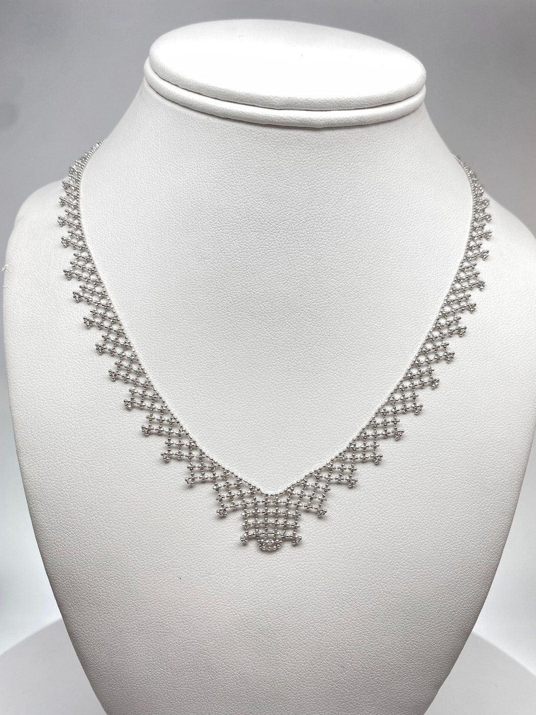 14k Flat Tiara Beaded Necklace, Vintage White Gold Beaded 16 Choker ...