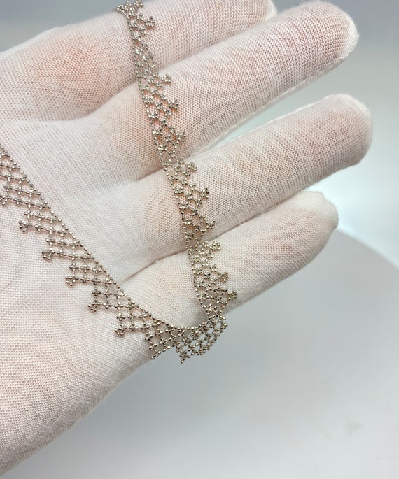 14k Flat Tiara beaded Necklace, Vintage White gold be… - Gem