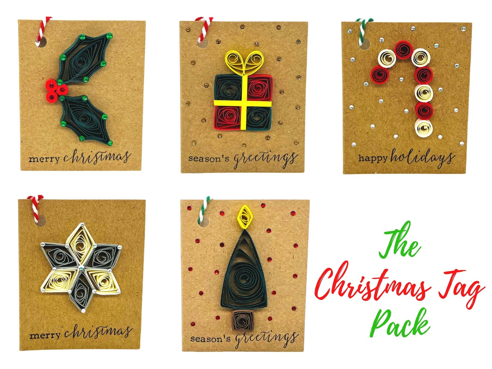 Christmas Quilled Gift Tag Set, Set of 5 - Holly, Present, Candy Cane ...