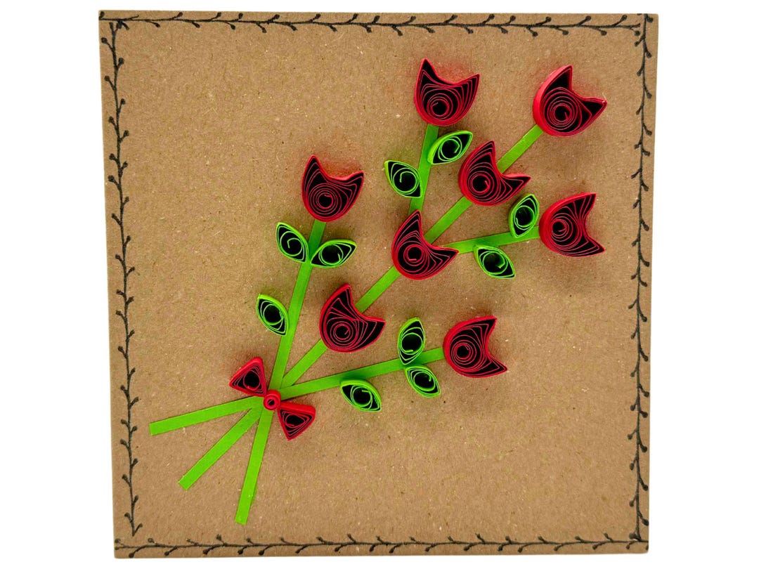 Bouquet of Roses Design Card - Red Roses & Red Bow - Flower Bouquet ...