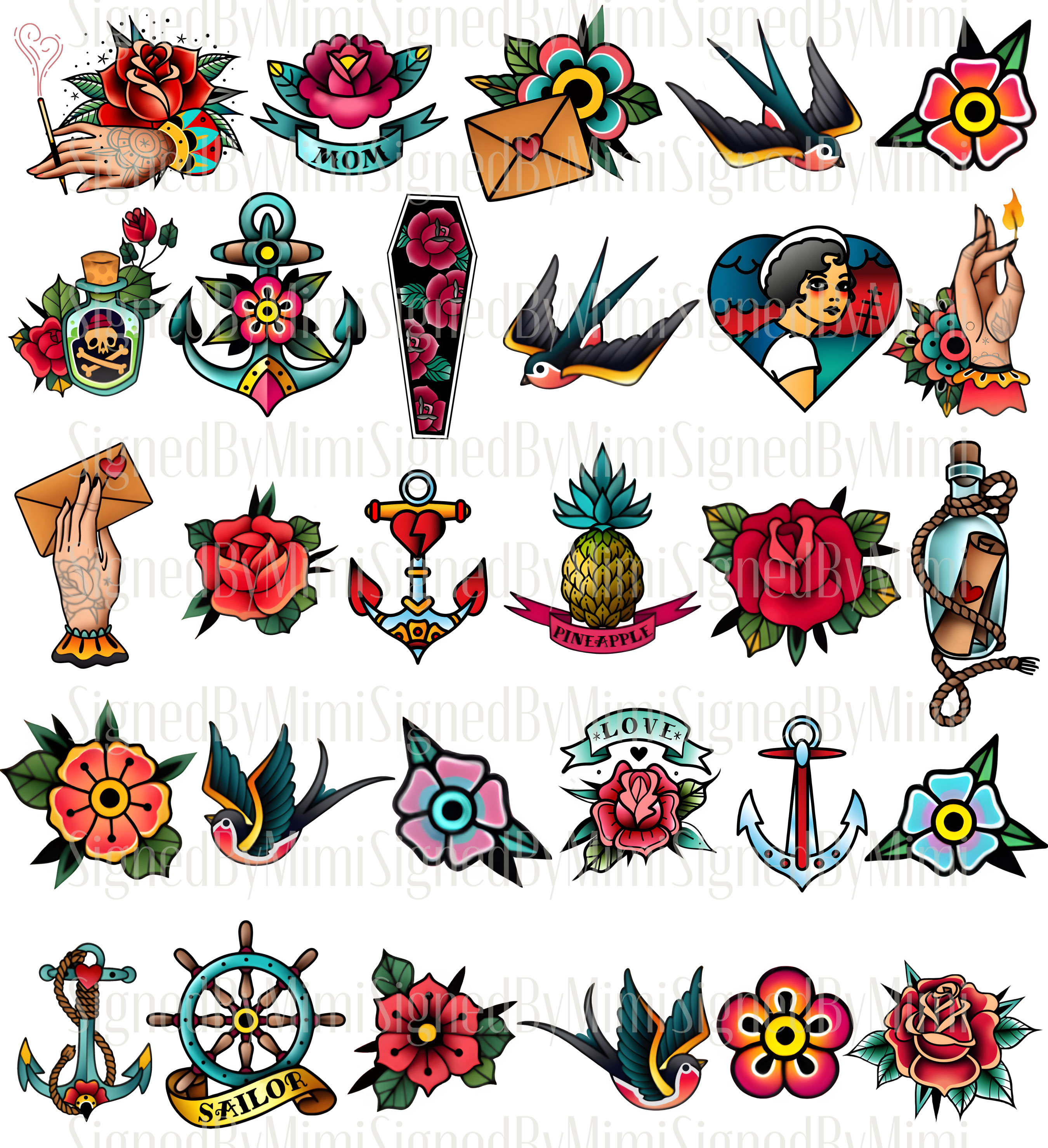 Separate Vintage Tattoos Old School Tattoo Flowers Digital Stickers ...