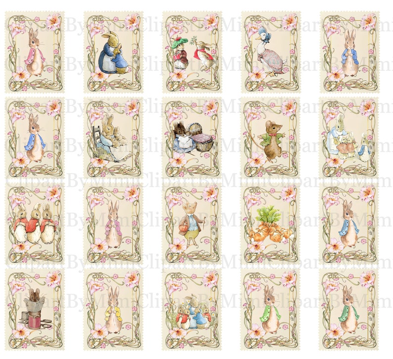 Peter Rabbit Cards Beatrix Potter Vintage Post Stamps Separate Digital ...