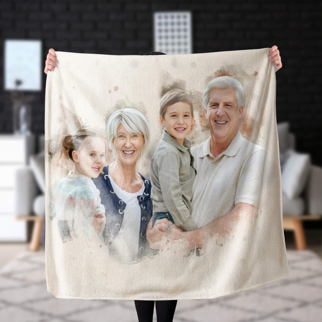 Personalized Family Watercolor Portrait Blanket, Photo Blanket for ...