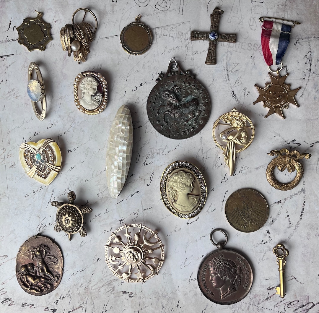 Set of 19 Antique Vintage Pendants Brooches Medals European French ...