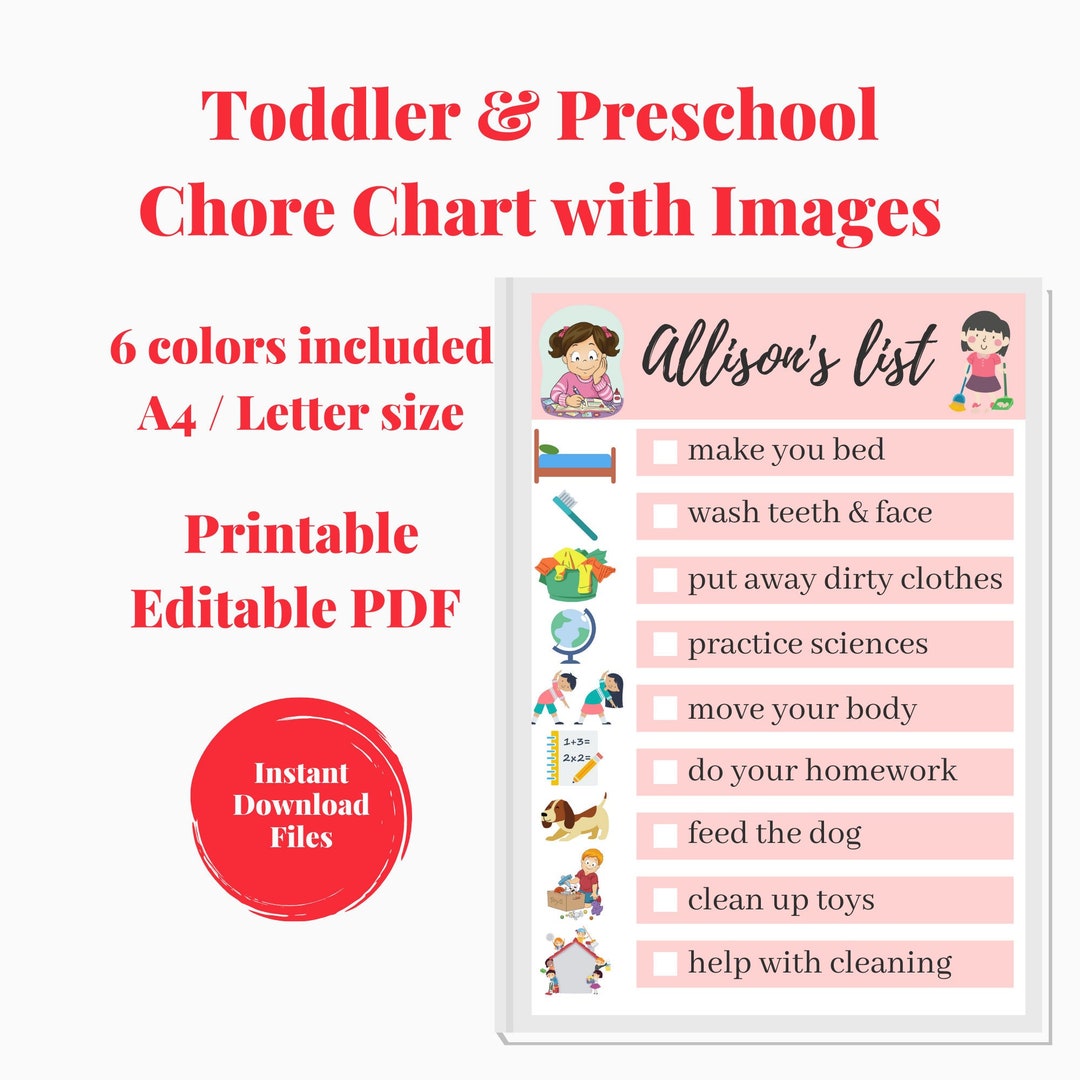 Preschooler Toddler Daily Chore Chart Printable Editable, Kids Boy Girl ...