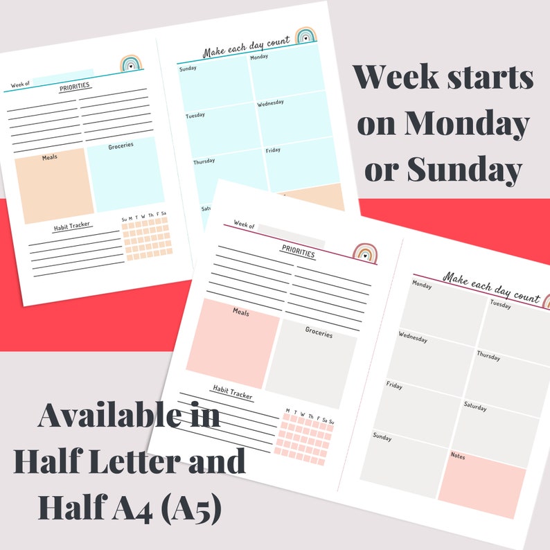 Editable Weekly Planner Printable Sunday/monday Start Habit - Etsy